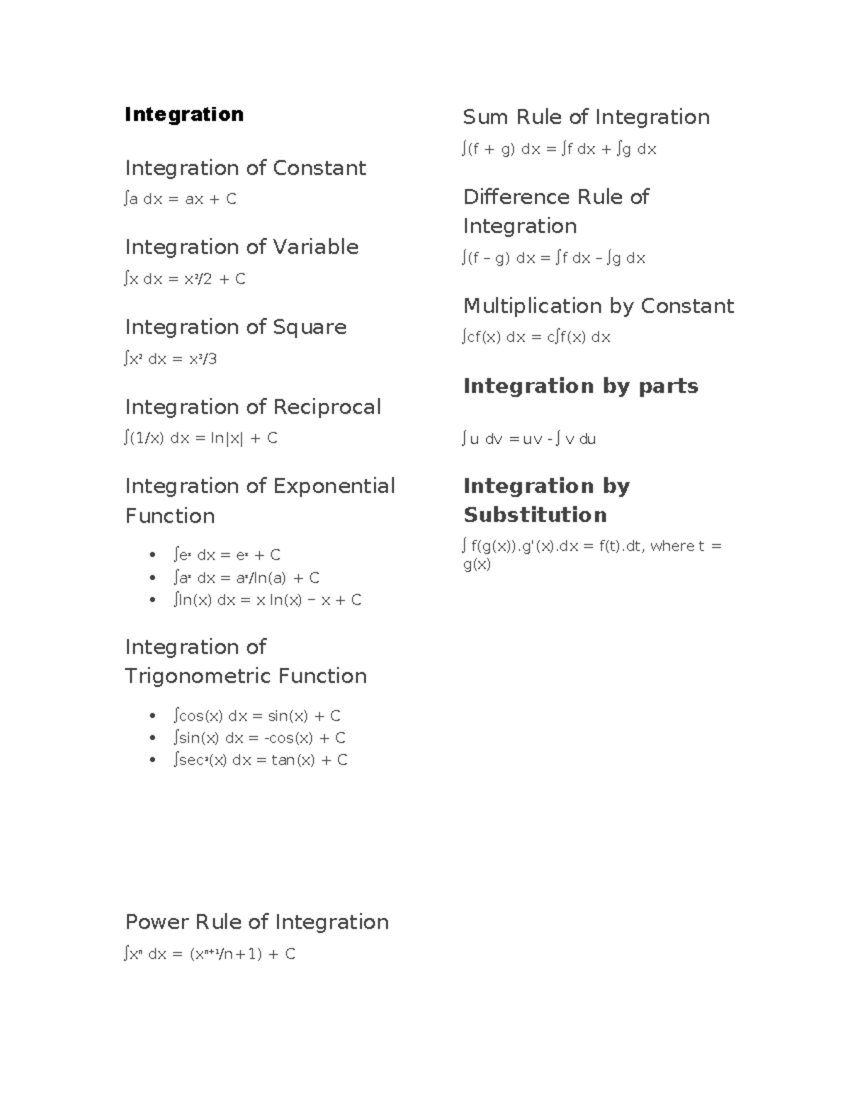 Integration - g'(x).dx = f(t).dt, where t = g(x) - Studocu
