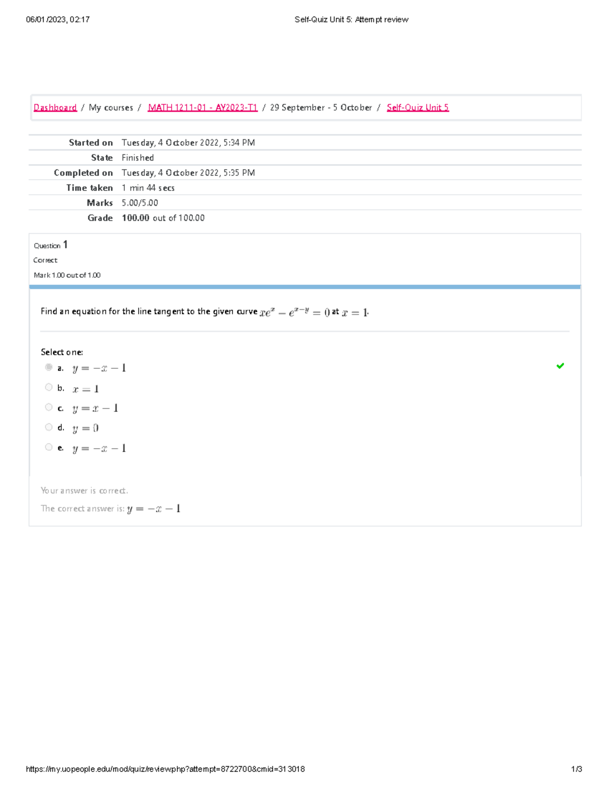 Calculus Self-Quiz Unit 5 Attempt review - 06/01/2023, 02:17 Self-Quiz ...