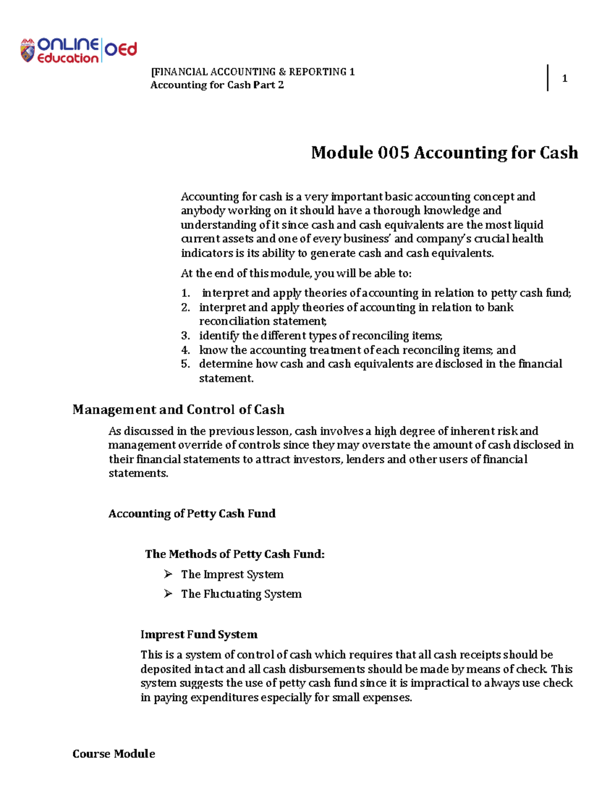 Module 005 Accounting for Cash (pt 2) - [FINANCIAL ACCOUNTING ...