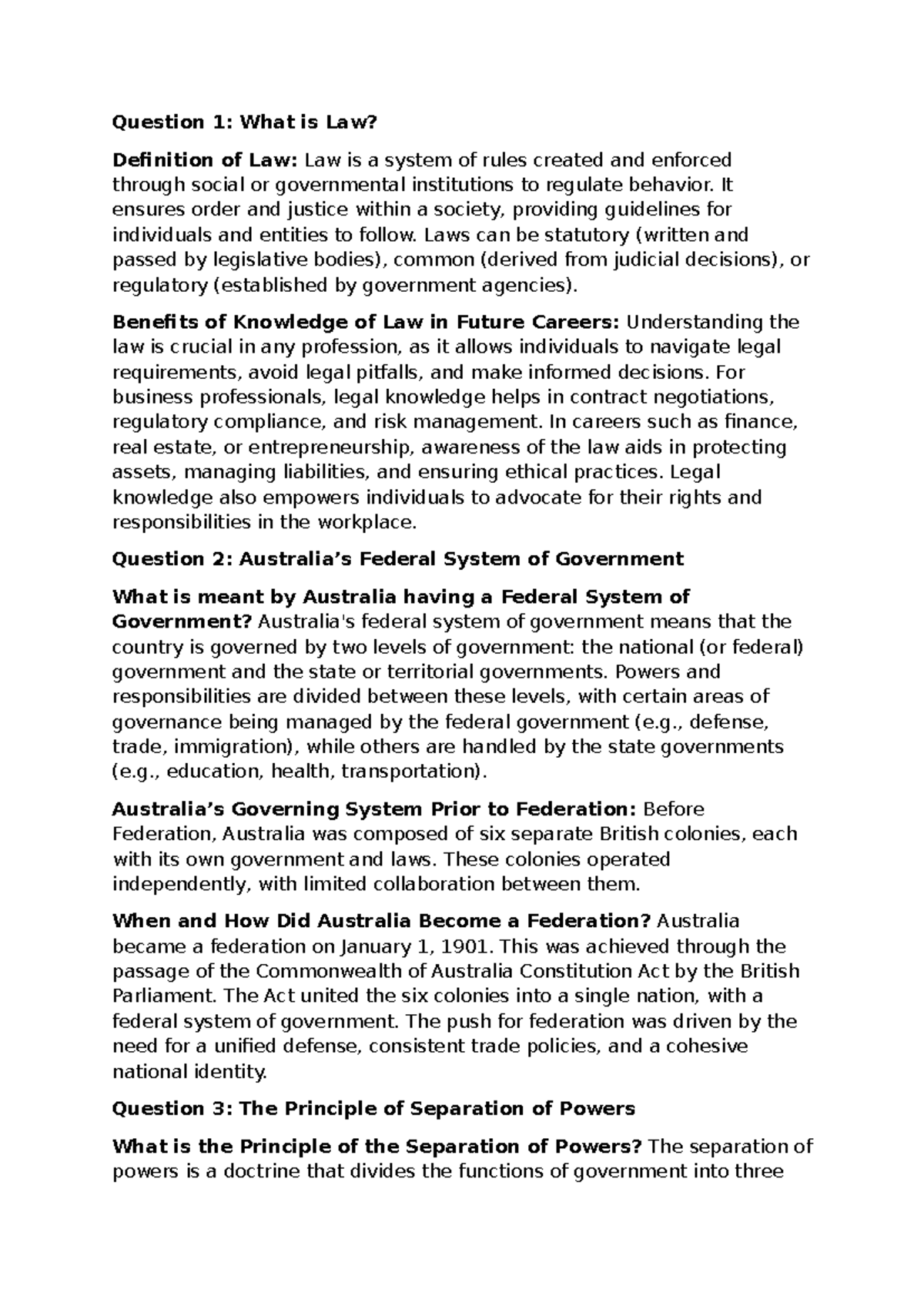 LAWS1100 TUT1 - Question 1: What is Law? Definition of Law: Law is a ...