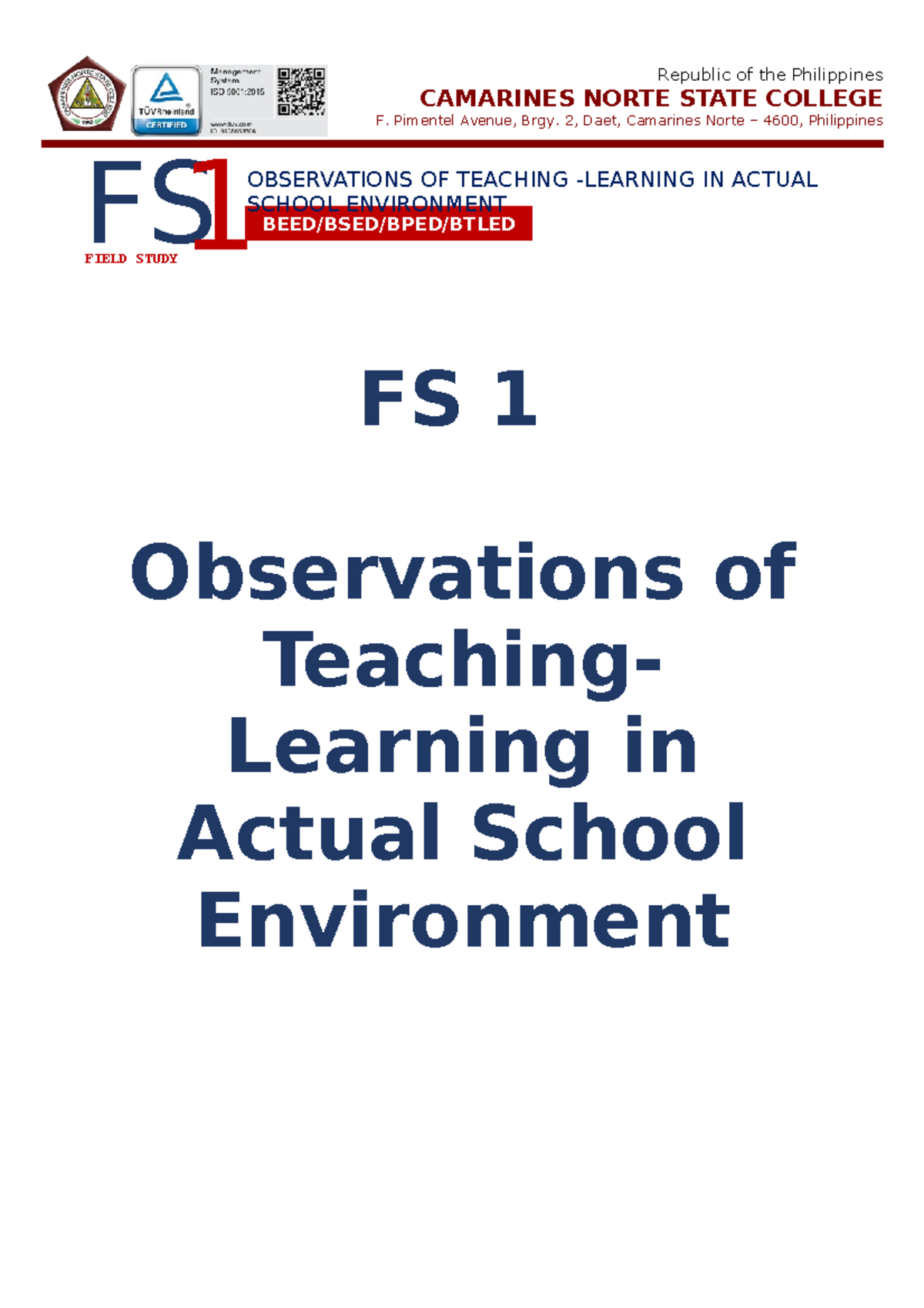 FS 1 Ep 14 Edited - This is a sample course work in FS 1 Observations ...