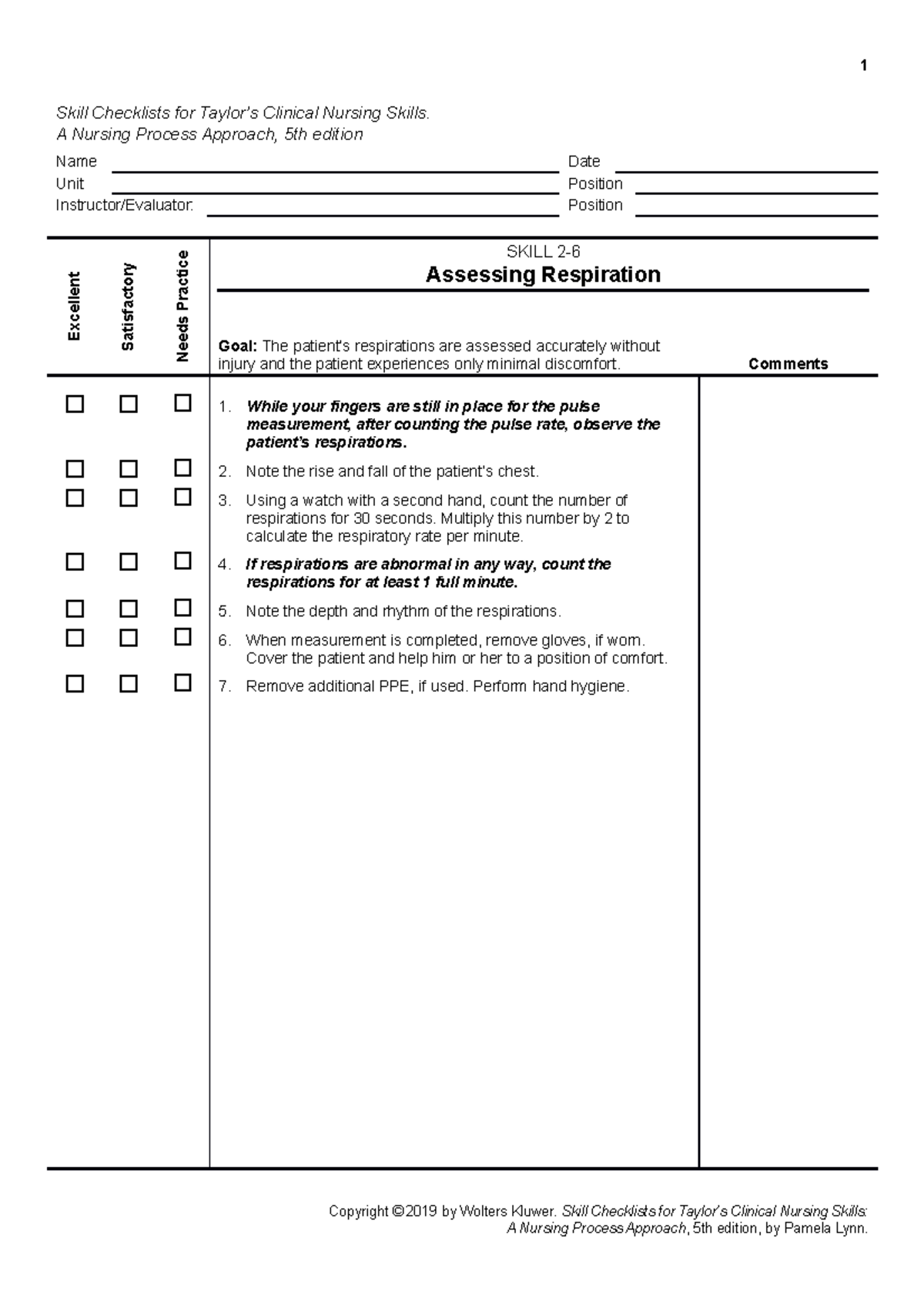 Skill 2-6 - 1 Skill Checklists for Taylor’s Clinical Nursing Skills. A ...