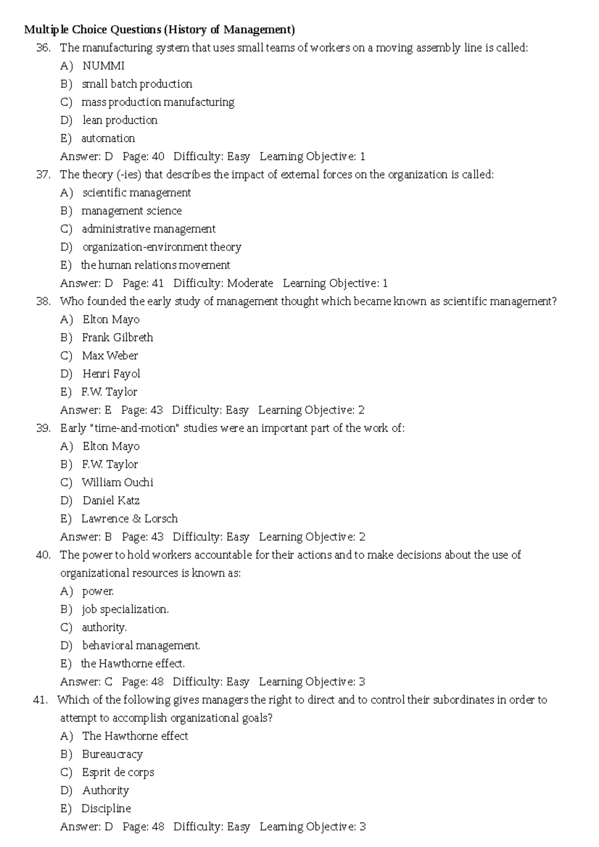 History of management tutorial questions and notes - Multiple Choice ...