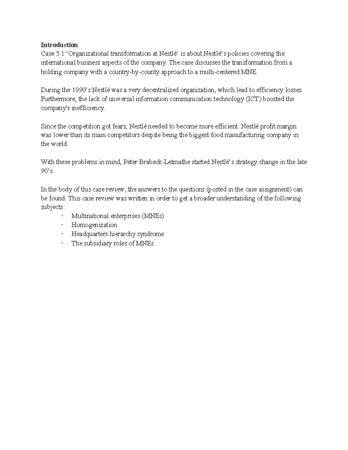 Nestle - Introduction Case 5 ‘Organizational transformation at Nestlé ...