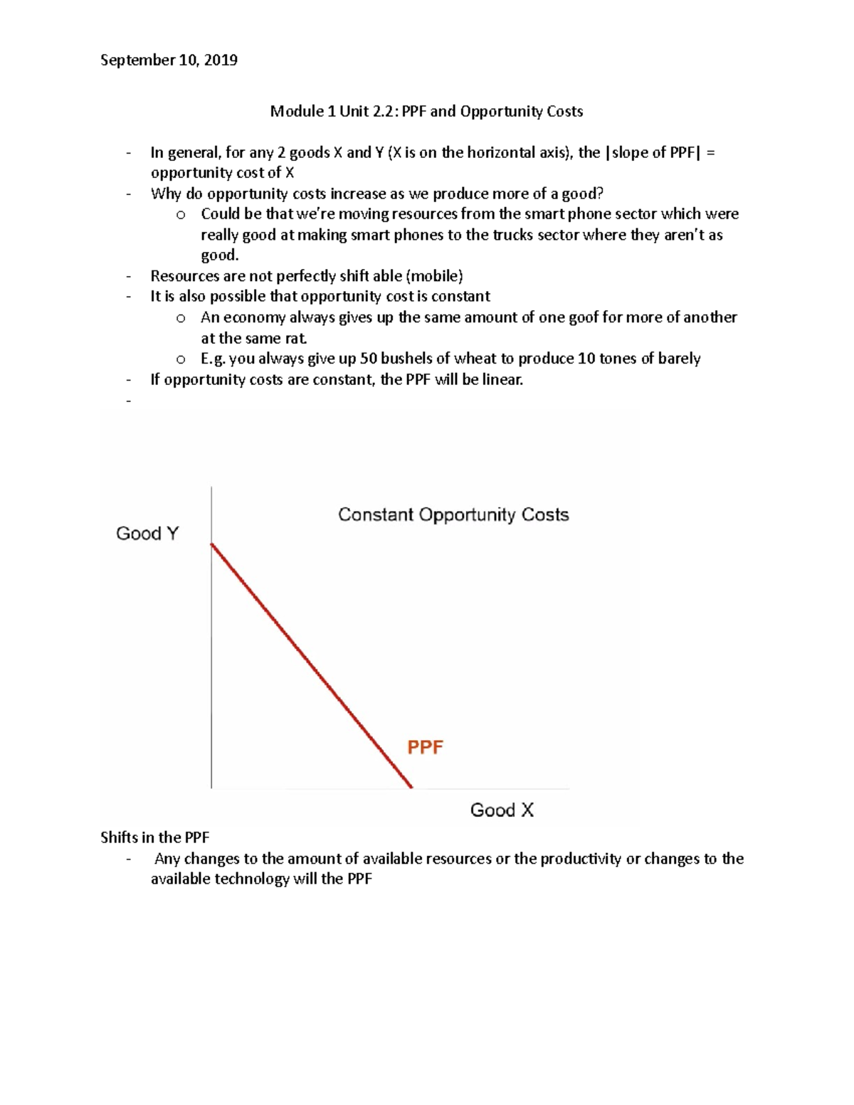 Module 1 Unit 2.2- PPF and Opportunity Costs - September 10, 2019 ...