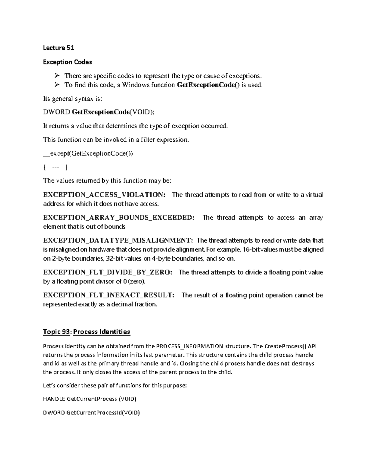 Topic 51 93 94 - Lecture 51 Exception Codes There are specific codes to ...