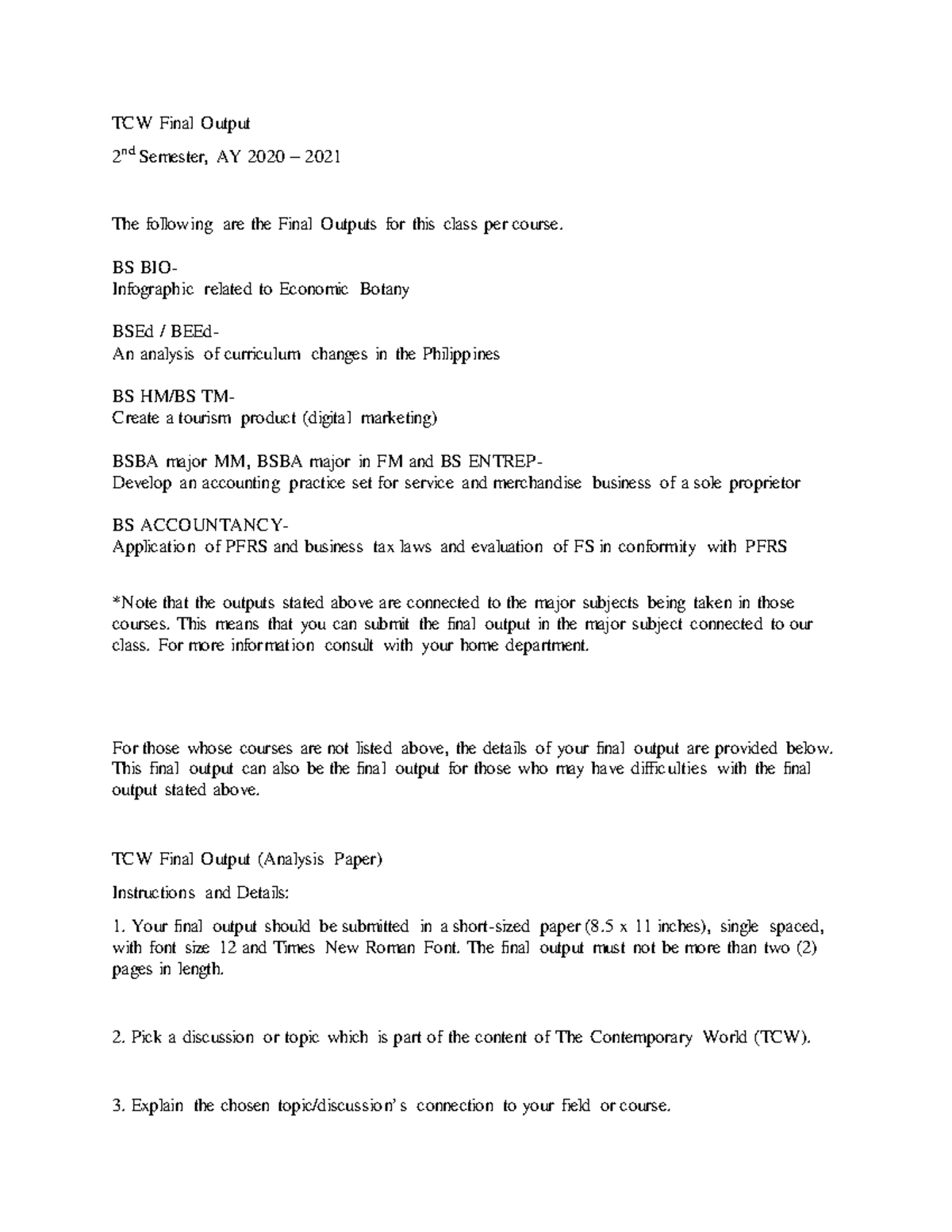 Final Output TCW updated - TCW Final Output 2 nd Semester, AY 2020 – 2021 The following are the ...