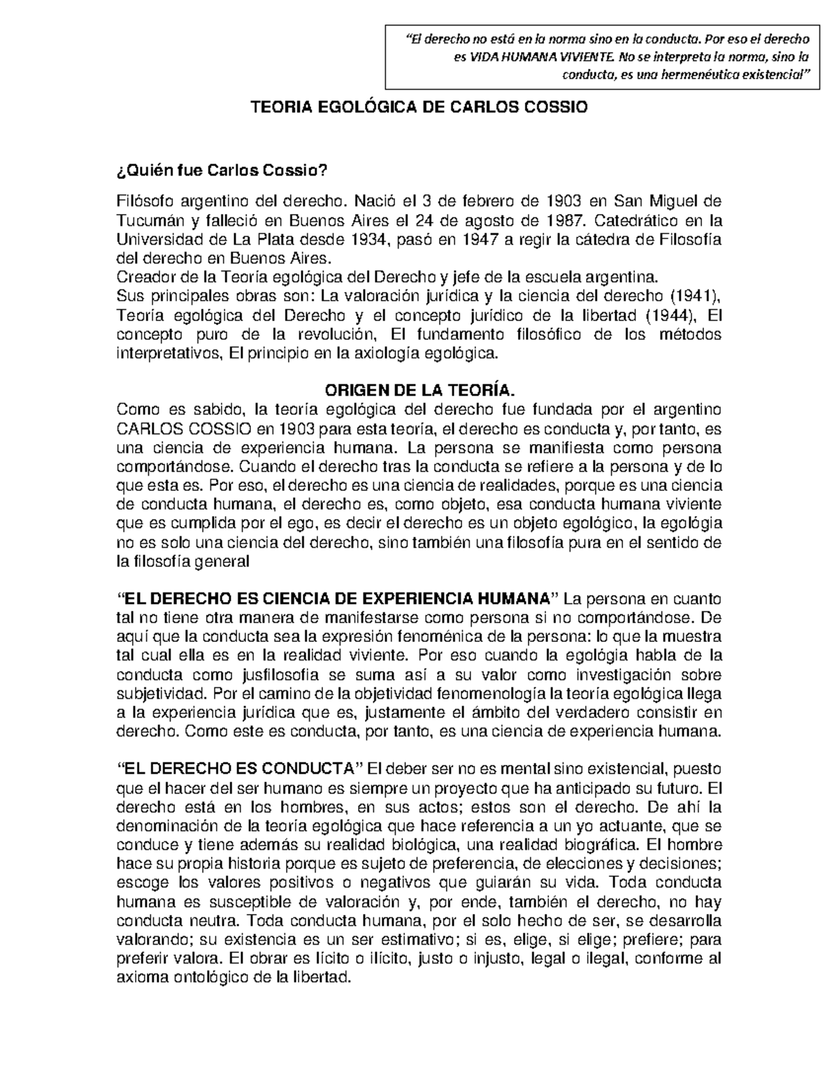 Teoria Egológica DE Carlos Cossio - TEORIA EGOLÓGICA DE CARLOS COSSIO ...