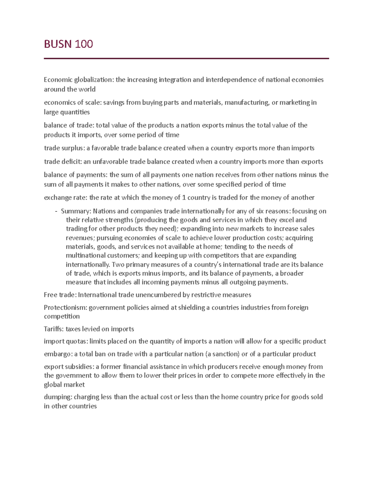 BUSN 100 chapter 3 notes - BUSN 100 Economic globalization: the ...