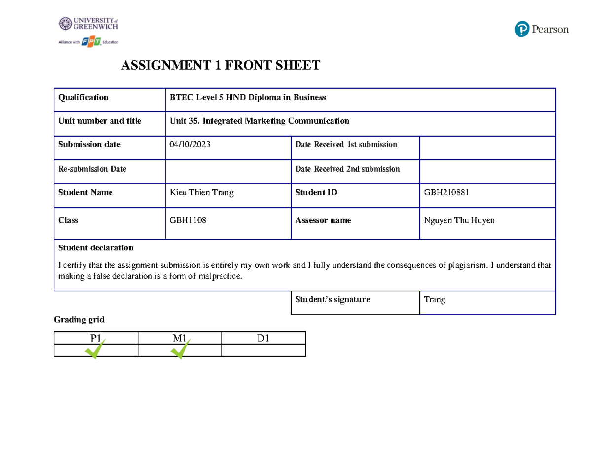 Asm1 5123 - asm1 - ASSIGNMENT 1 FRONT SHEET Qualification BTEC Level 5 HND Diploma in Business ...