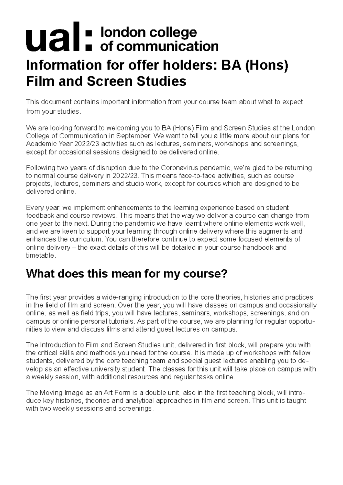 BA Hons Film And Screen Studies offer holder info 2022 23 - Information for offer holders: BA ...