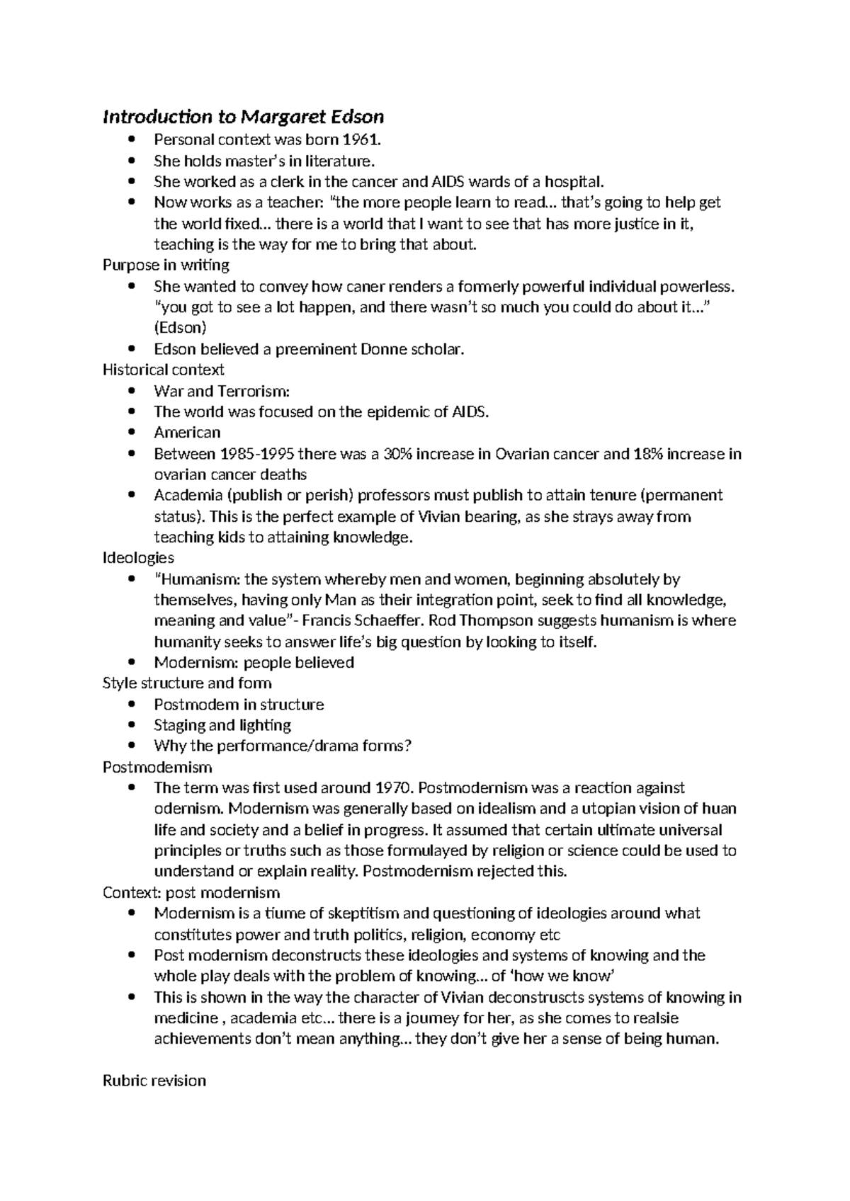 Introduction to Margaret Edson - She holds master’s in literature. She ...