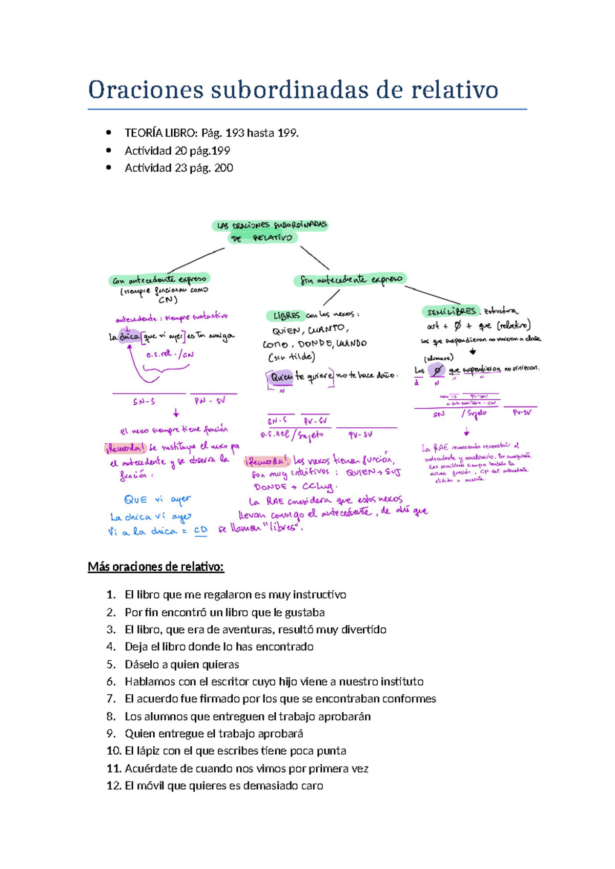 Oraciones subordinadas de relativo - 193 hasta 199. Actividad 20 pág ...