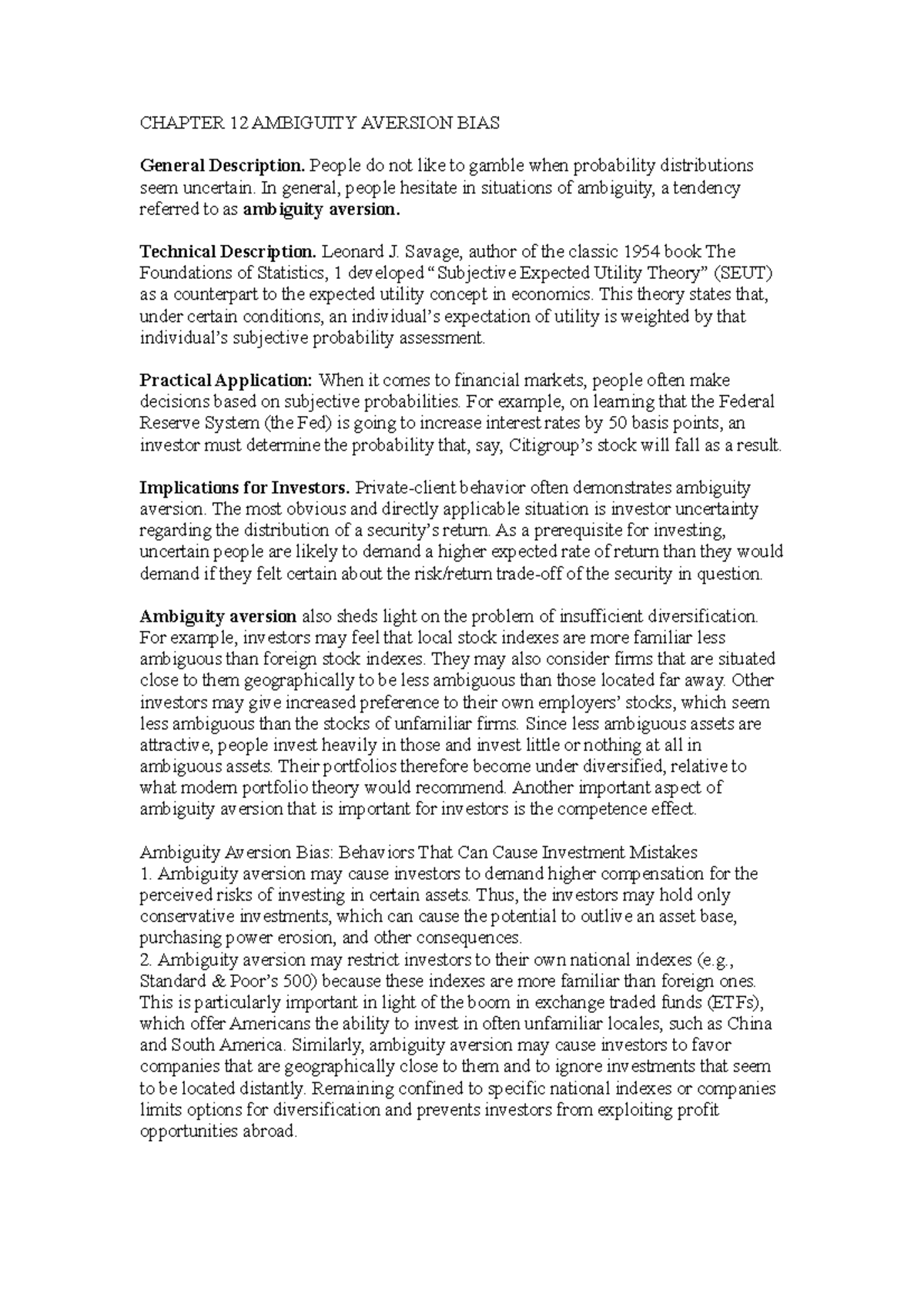 Chapter 12 Ambiguity Aversion BIAS - CHAPTER 12 AMBIGUITY AVERSION BIAS General Description ...