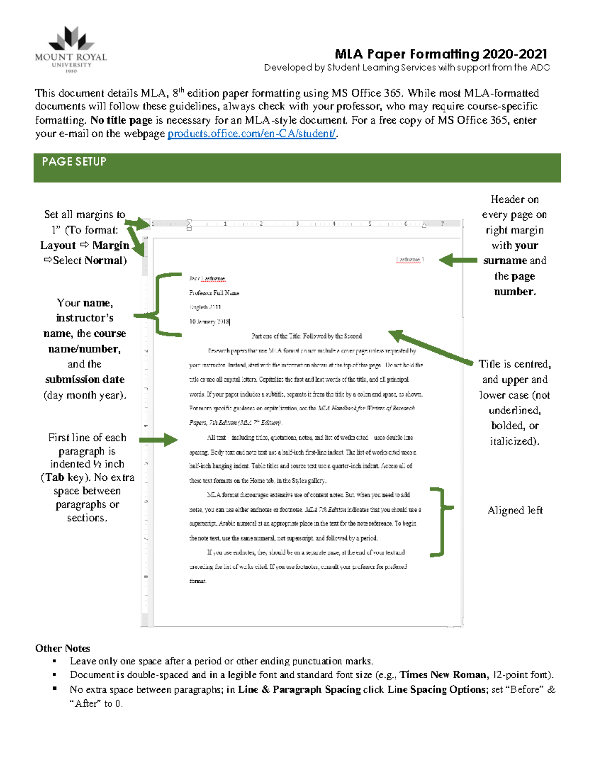 MLA Paper Formatting guide 2020-2021 - MLA Paper Formatting 2020- Developed by Student Learning ...
