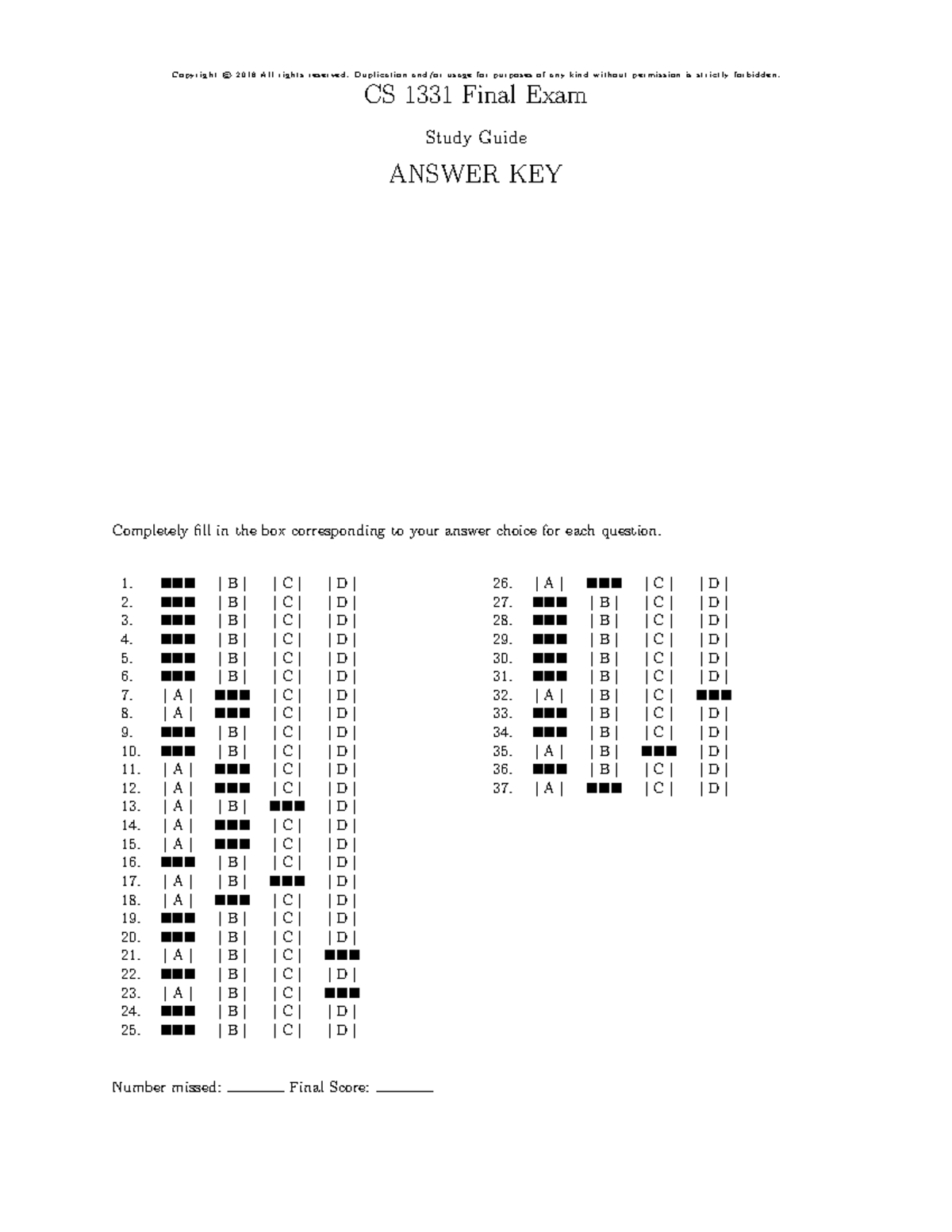 Cs1331 final exam study guide answers - CS 1331 Final Exam Study Guide ANSWER KEY Completely ...
