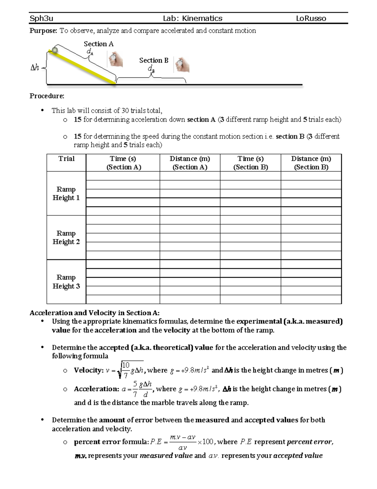 Lab-Kinematics - Lecture notes 1-2 - Sph3u Lab: Kinematics LoRusso ...