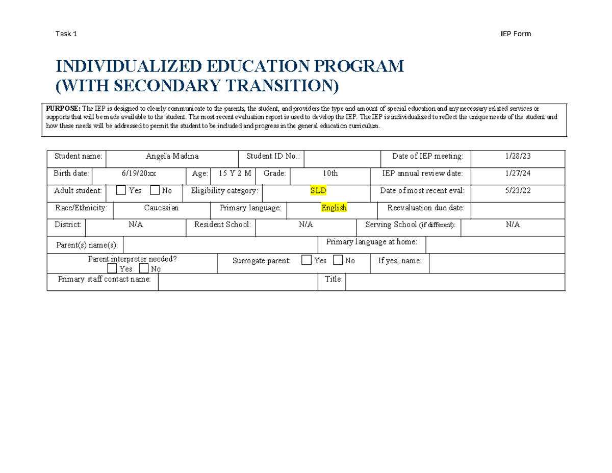 IEP Form - lknlj - INDIVIDUALIZED EDUCATION PROGRAM (WITH SECONDARY ...