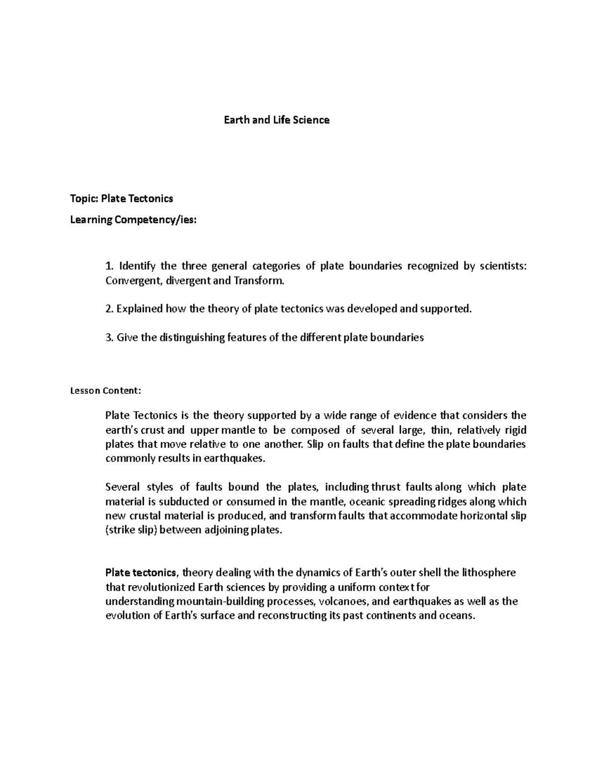 Plate Tectonics - Earth and Life Science (Sci 100) Module 10 Topic ...