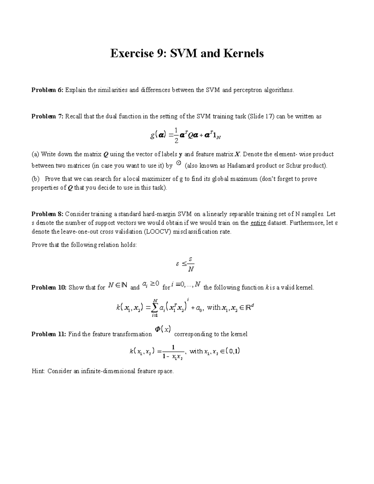 HW9 Problems - Die Übung in docx Form! - Exercise 9: SVM and Kernels Problem 6: Explain the ...