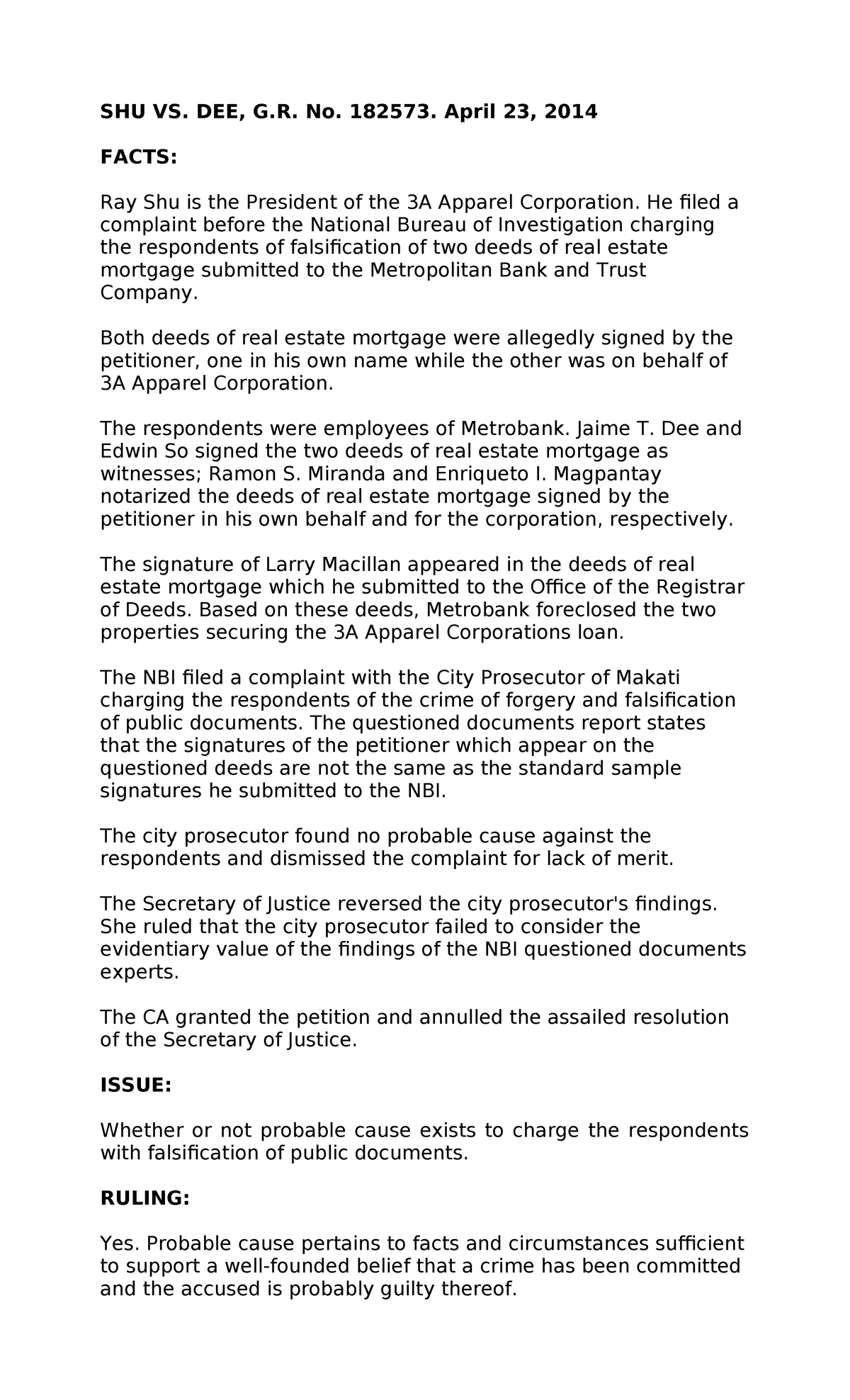 AMLA CASE SHU VS DEE - SHU VS. DEE, G.R. No. 182573. April 23, 2014 ...