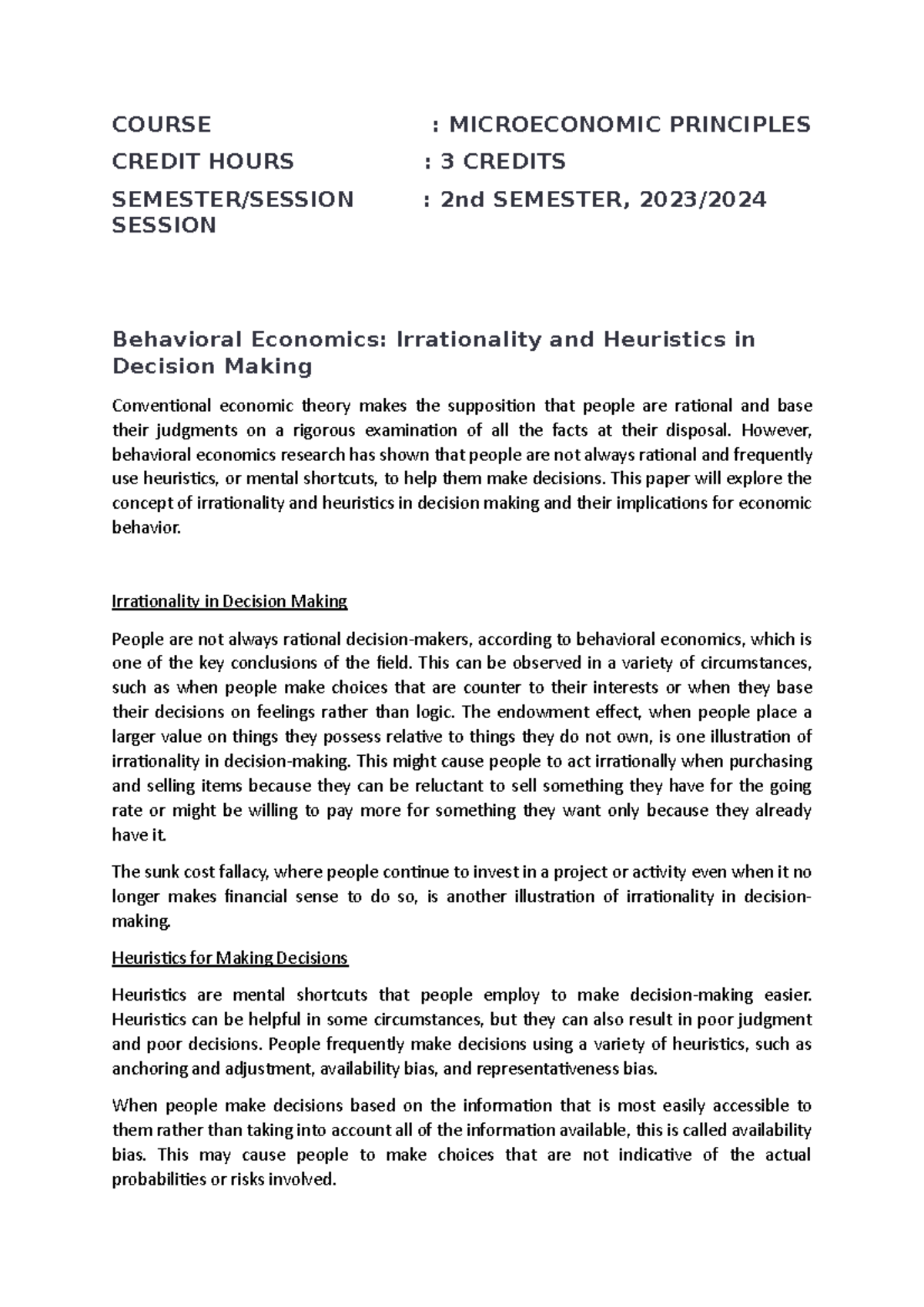 Behavioral Economics (Irrationality and Heuristics in Decision Making ...