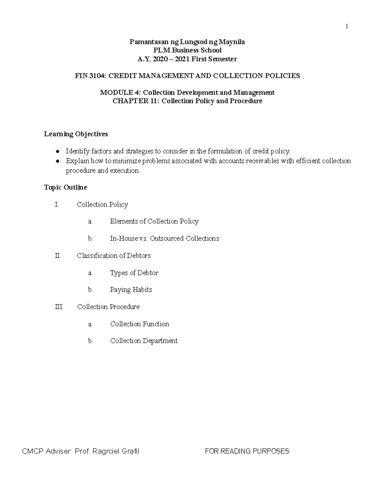 CMCP Module 4 Chapter 11 Collection Policy and Procedure (final ...