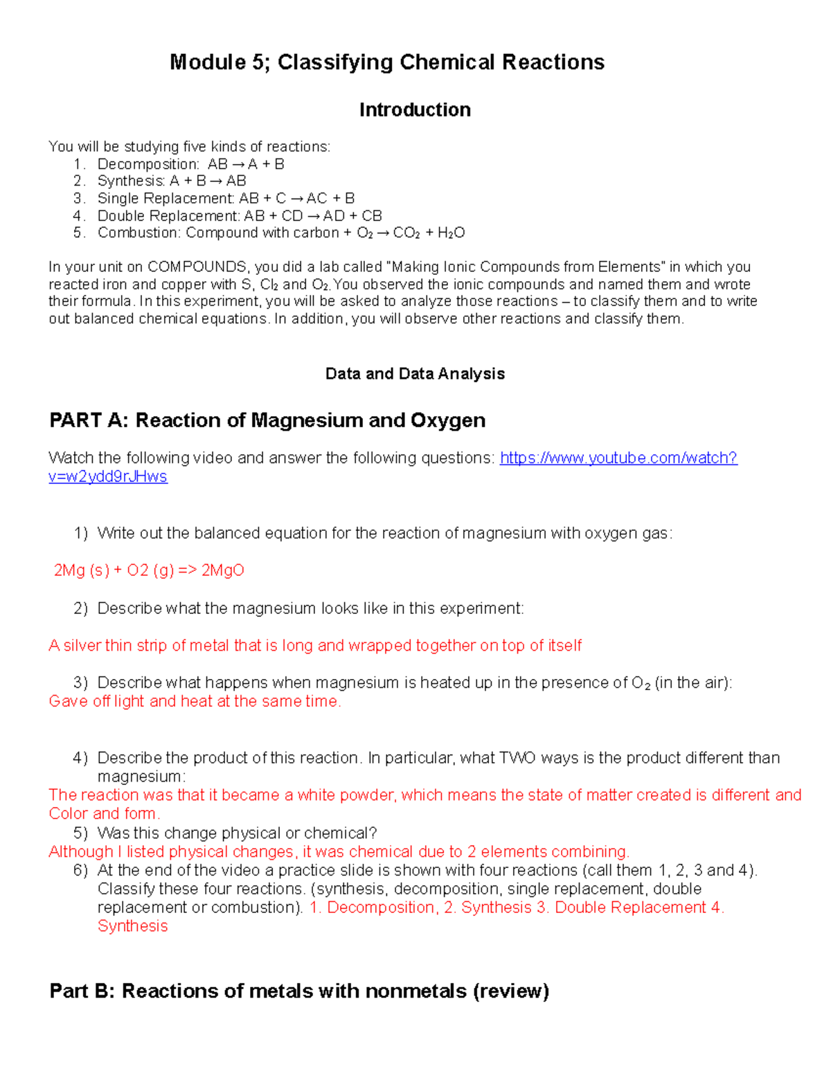Module 5 Classifying Chemical Reactions - Module 5; Classifying ...