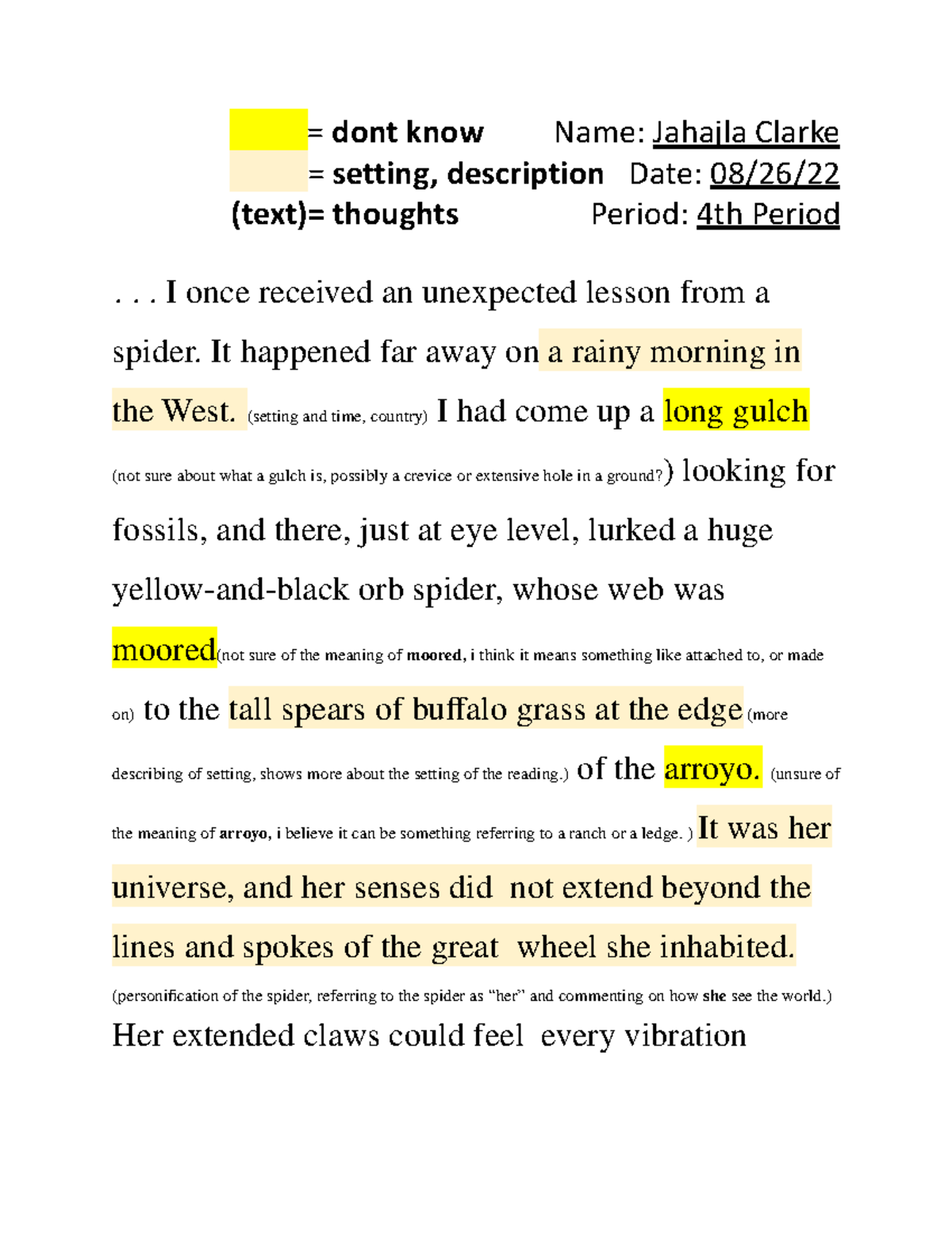 Close Reading Spider Example - = dont know Name: Jahajla Clarke ...