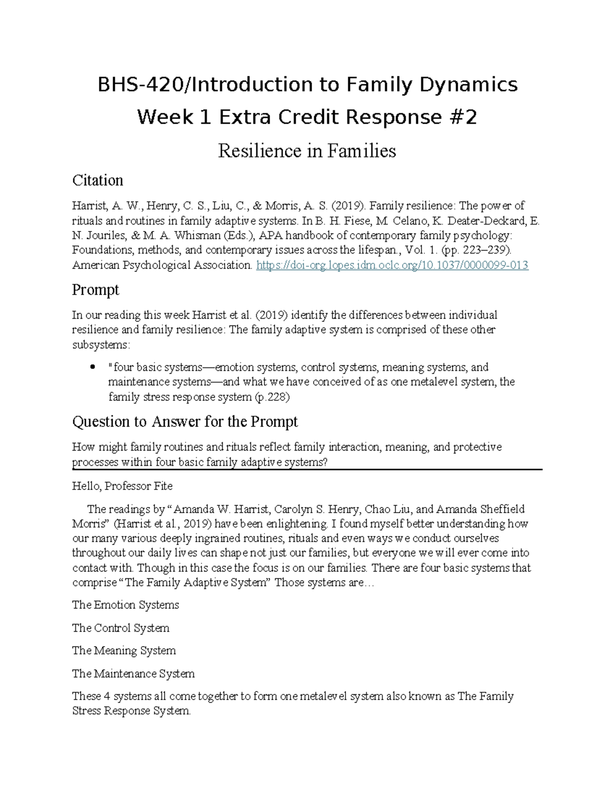 BHS-430 W1 Extra Credit Response 2 - BHS-420/Introduction to Family ...