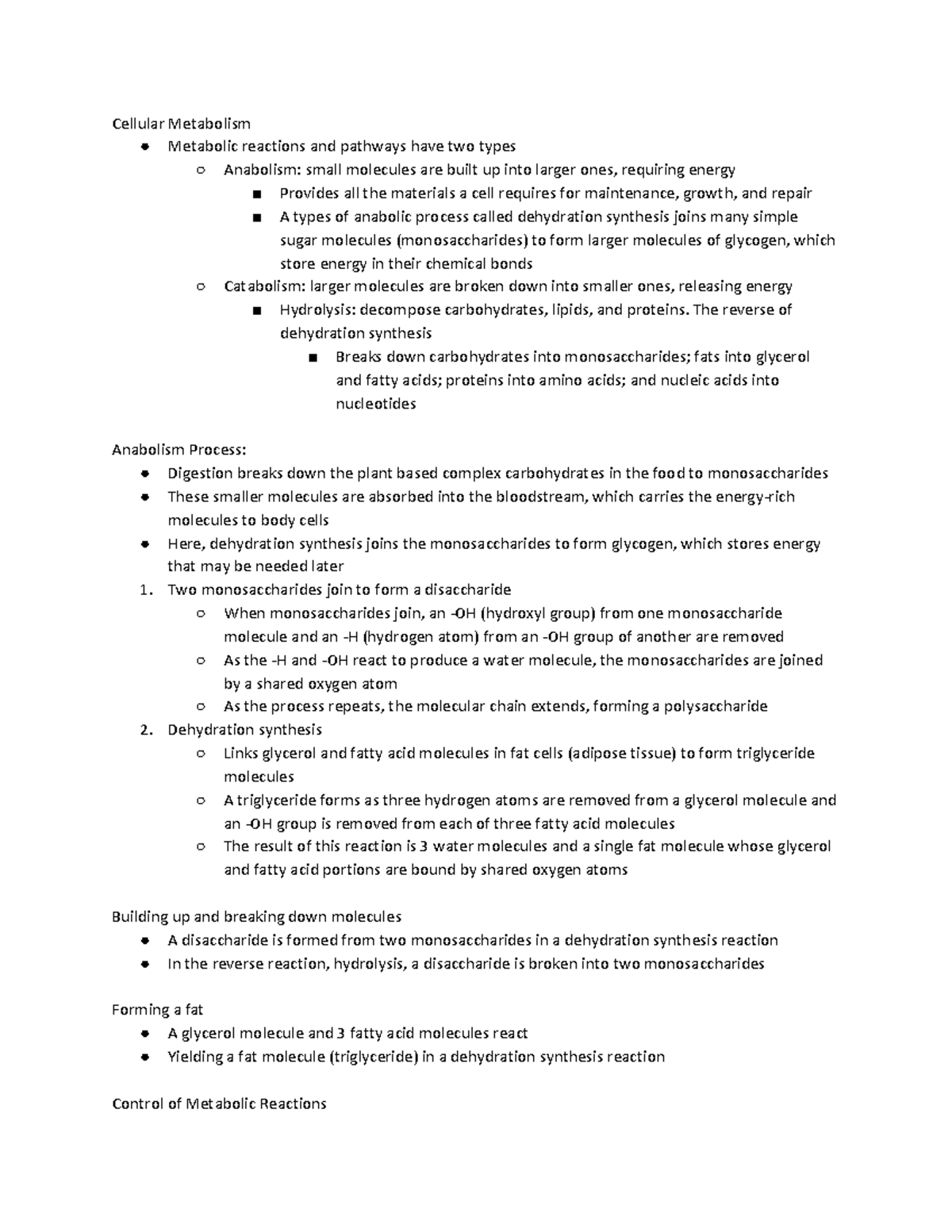 Chapter 4 - Lecture notes 4 - Cellular Metabolism Metabolic reactions ...