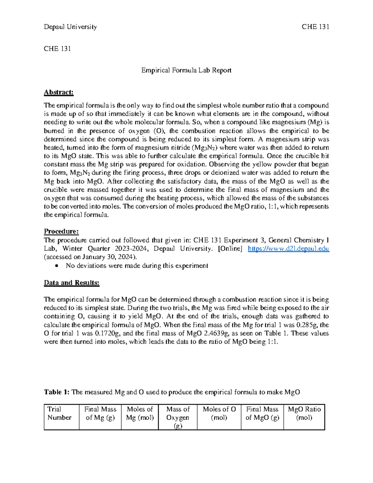 Empirical Formula Lab Report - Depaul University CHE 131 CHE 131 ...