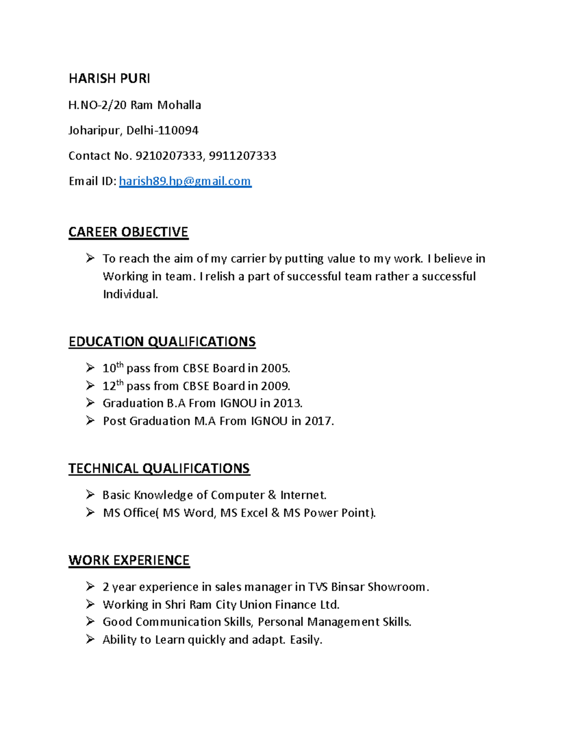 Resume - HARISH PURI H-2/20 Ram Mohalla Joharipur, Delhi- Contact No ...