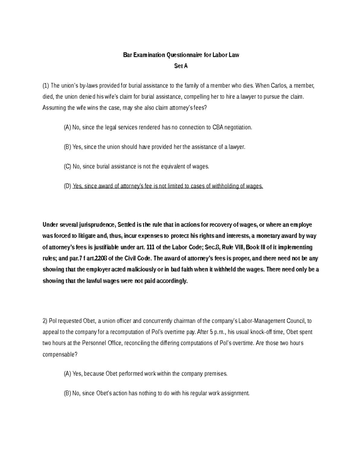 Pdfcoffee - Gsjdmren - Bar Examination Questionnaire for Labor Law Set ...
