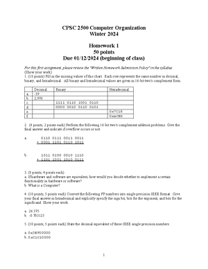 Hwork 2 - WORKSHEET - 1 CPSC 2500 Computer Organization Winter 2024 ...