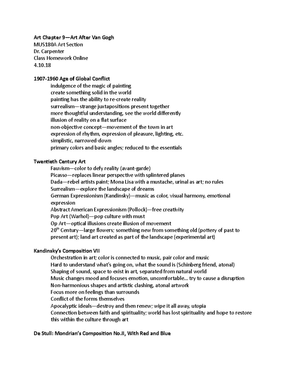 Art Chapter 9—Art After Van Gogh - Art Chapter After Van Gogh MUS180A ...