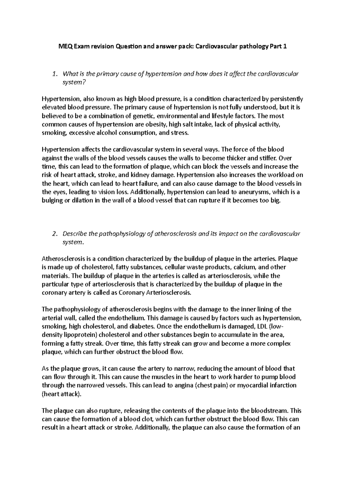 MEQ Exam revision Question and answer pack CVD part 1 - MEQ Exam ...