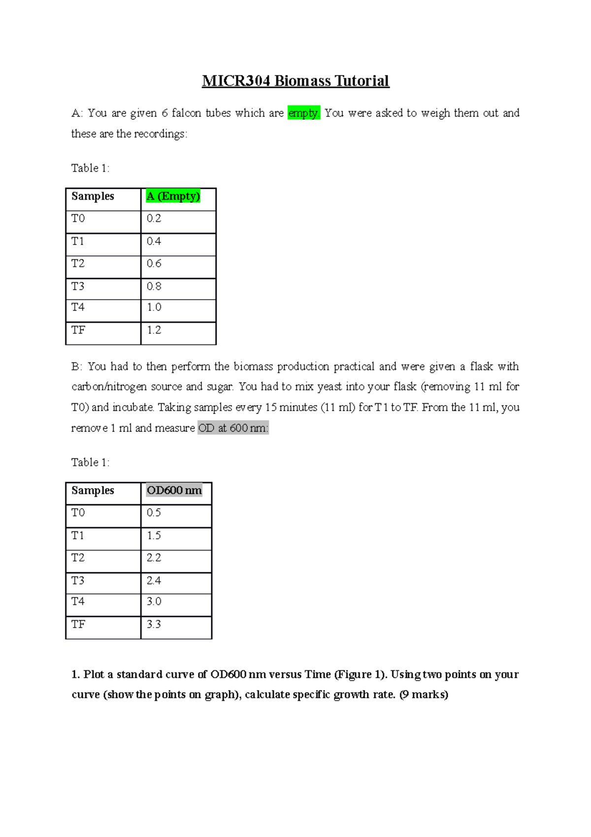 Biomass tutorial - HELPS - MICR304 Biomass Tutorial A: You are given 6 ...