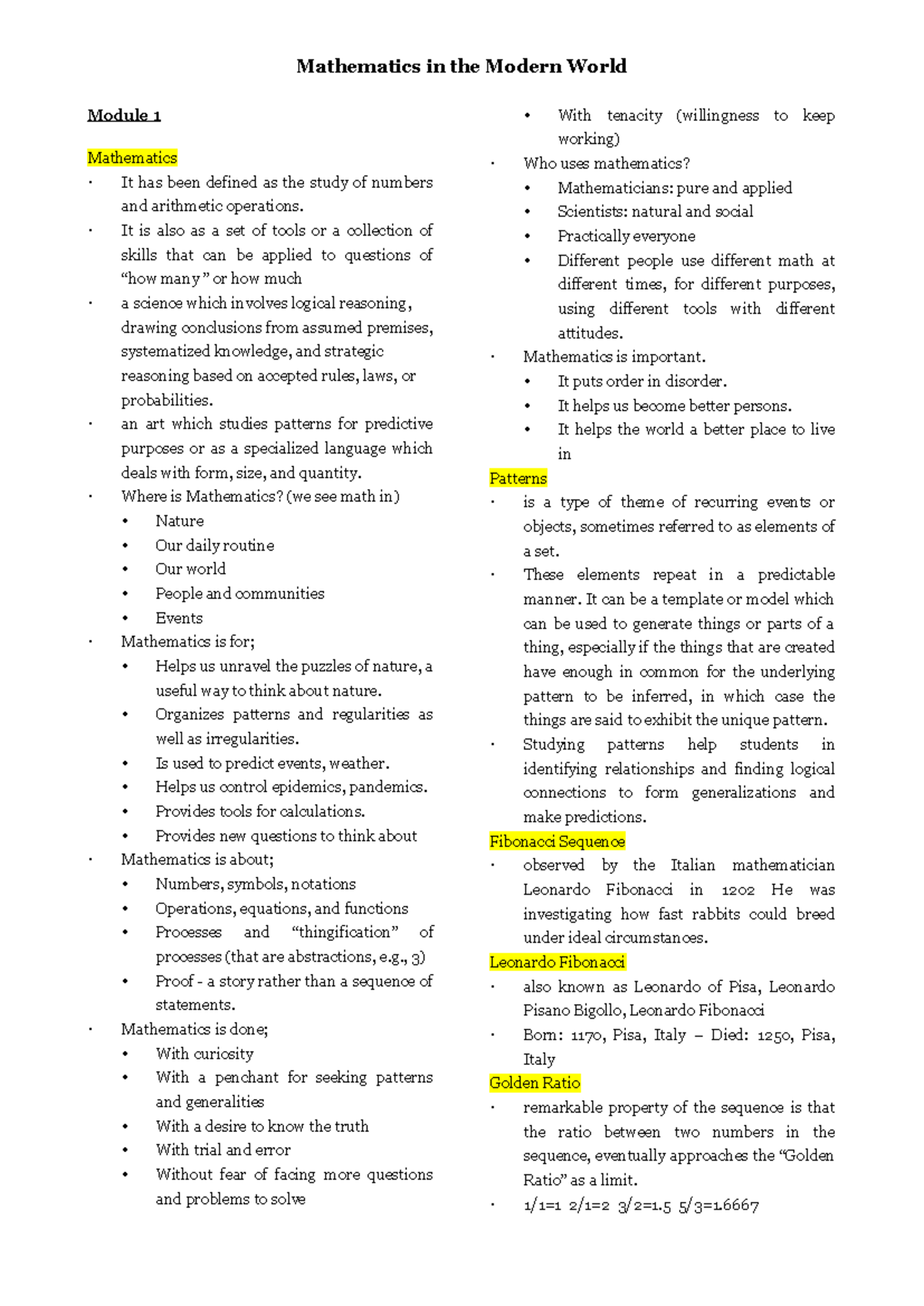 Modmath Notes - Module 1 Mathematics It has been defined as the study ...