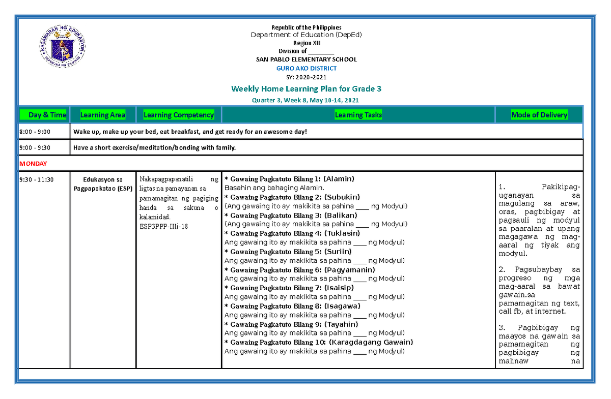 Grade 3 ALL Subjects WHLP Q3 W8 - M Weekly Home Learning Plan for Grade ...