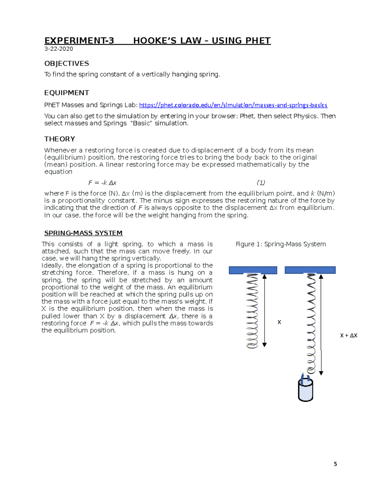 Experiment 3 - Hooke's Law - Using Ph ET Simulation-1 - EXPERIMENT-3 ...