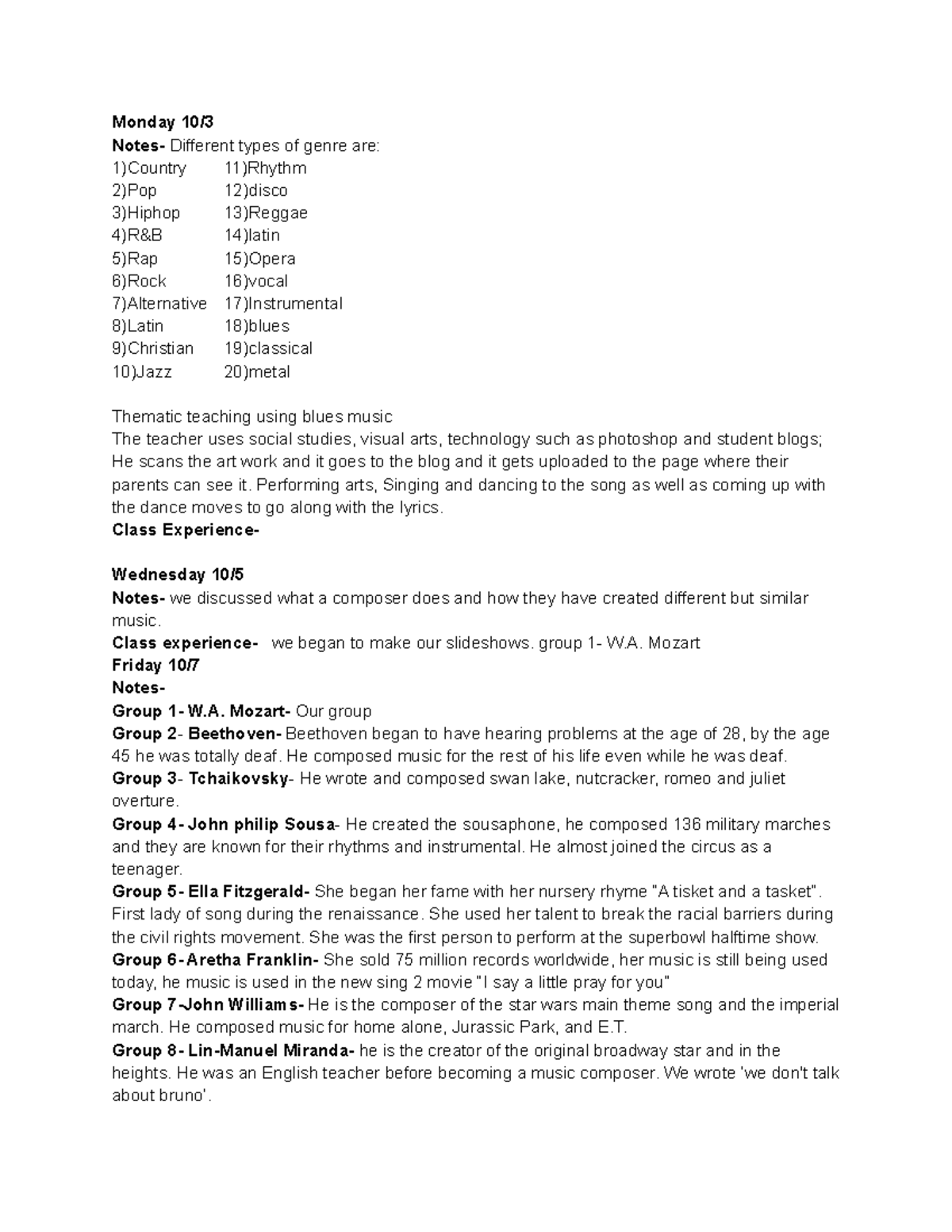 Notes Class Experience Class Assignment 6 - Monday 10/ Notes- Different ...