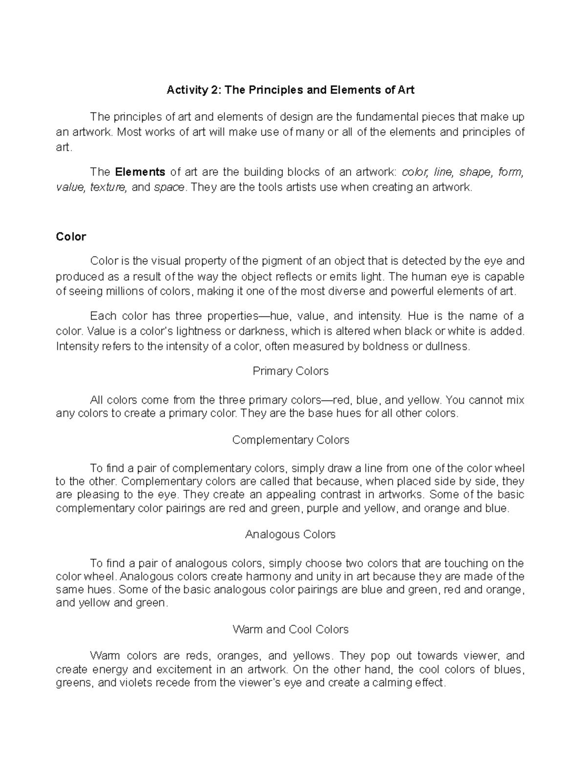 The Principles and Elements of Art - Most works of art will make use of ...