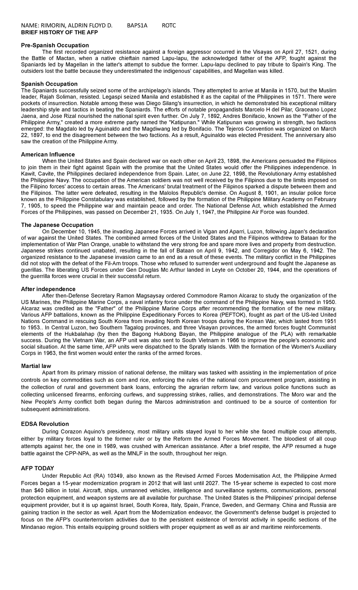 ( AFP History) ROTC - NAME: RIMORIN, ALDRIN FLOYD D. BAPS1A ROTC BRIEF ...