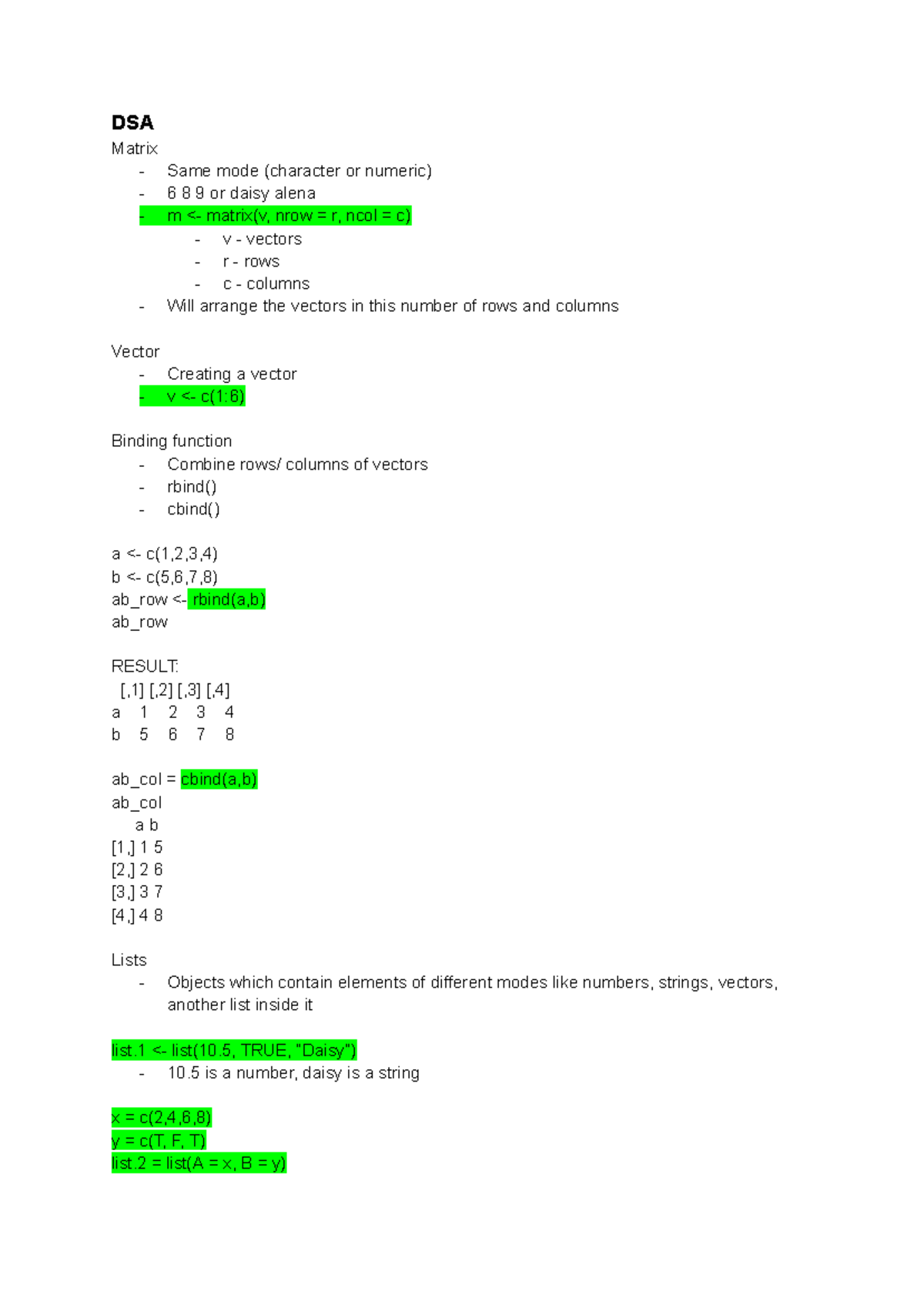 DSA1101 And cs1010e notes - DSA Matrix - Same mode (character or ...