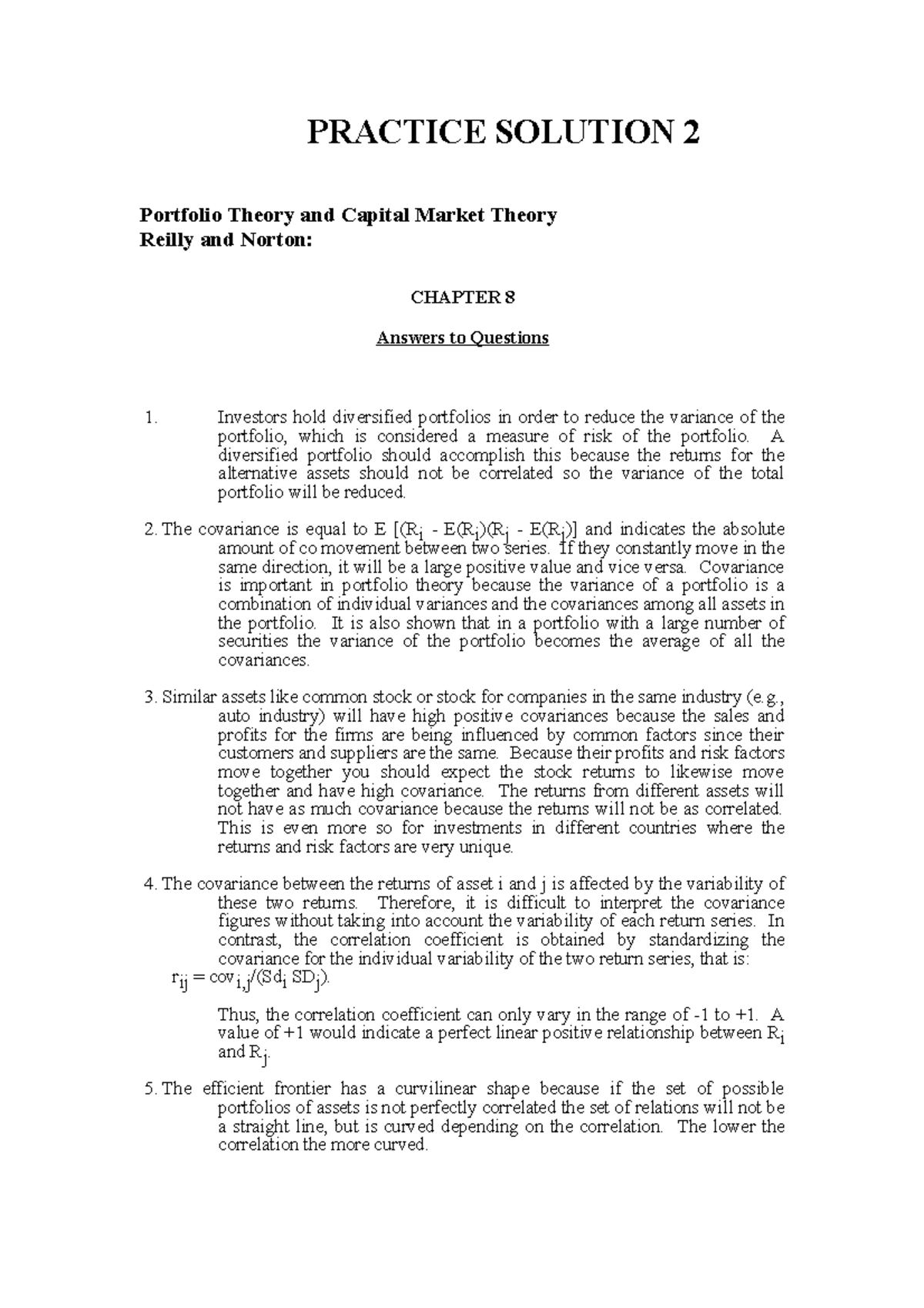 Solutions TO PQ2 - Answers - PRACTICE SOLUTION 2 Portfolio Theory and Capital Market Theory ...