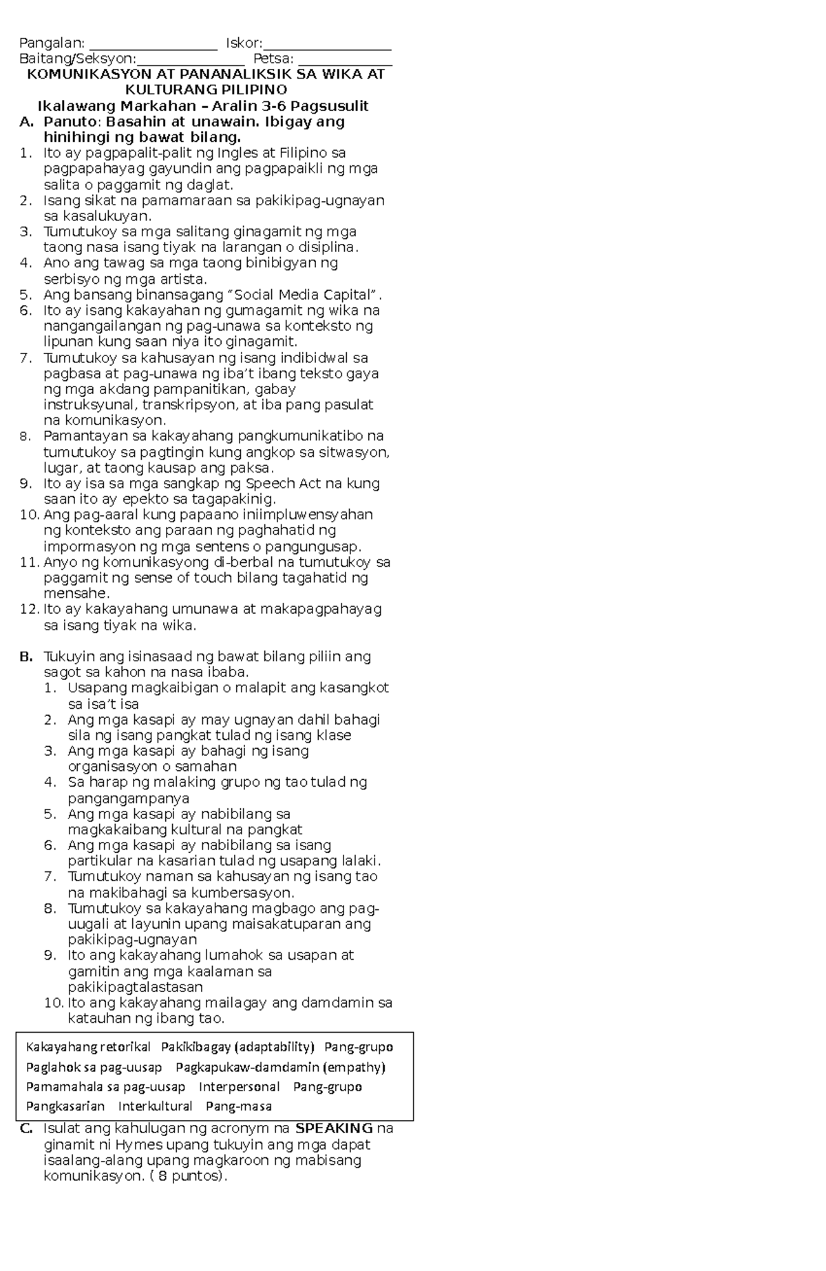 KOMU Q2 WEEK 3-6 Pagsusulit - Pangalan: ___________________ Iskor:___________________ - Studocu