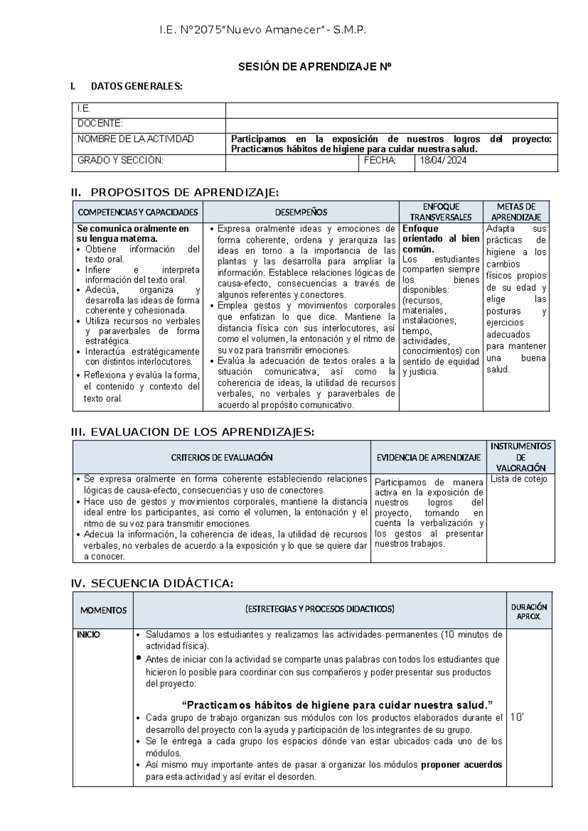 Inicio Proyecto 2024 - SESIÓN DE APRENDIZAJE Nº I. DATOS GENERALES: I. DOCENTE: NOMBRE DE LA ...