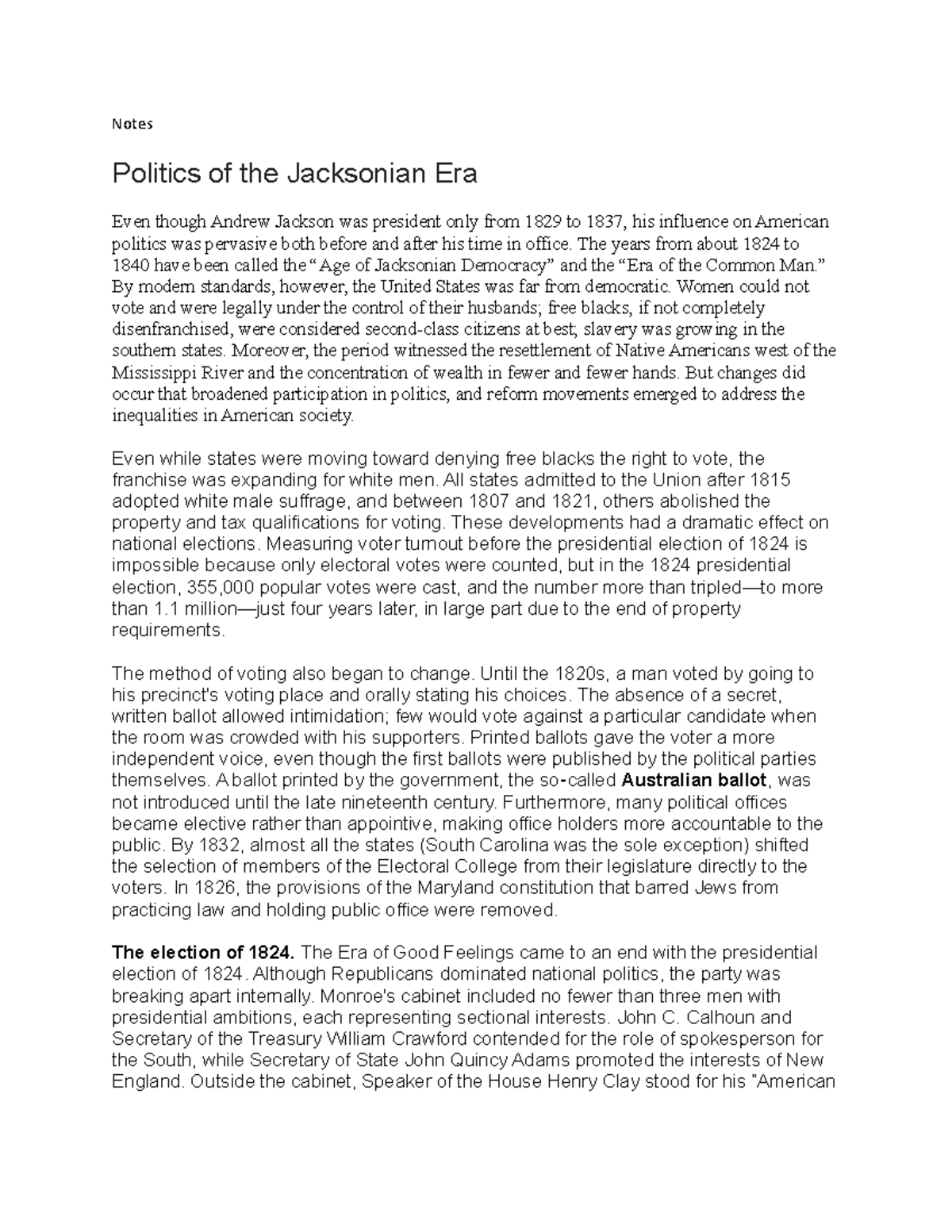 Document 126 - history - Notes Politics of the Jacksonian Era Even ...
