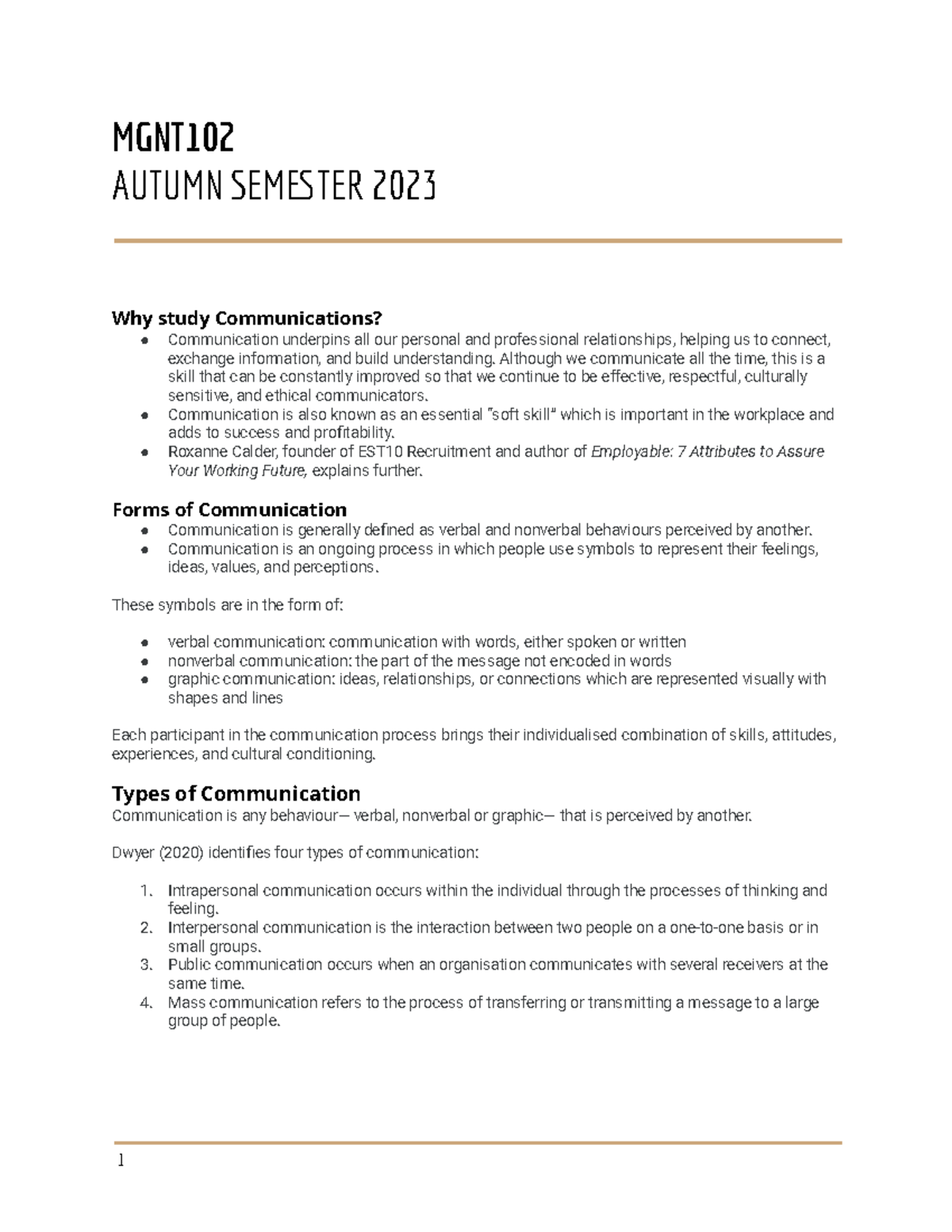 MGNT102 Notes - MGNT AUTUMN SEMTER 2023 Why study Communications ...